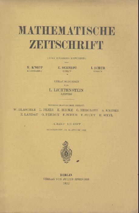 „Mathematische Zeitschrift.“ (Lichtenstein, Leon ) – Buch antiquarisch ...