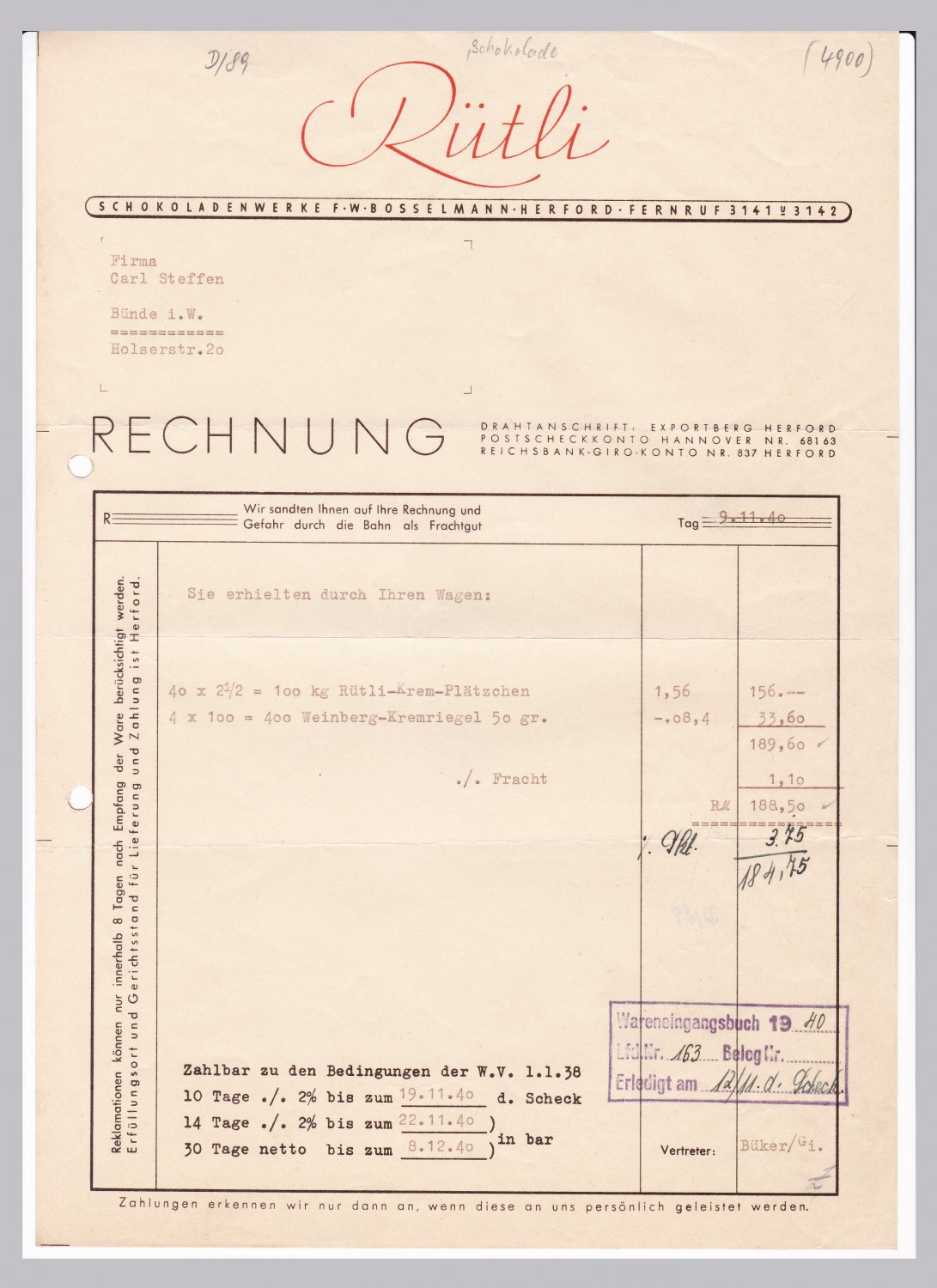 „Rechnung Rütli Schokolade Herford 1940 F.“ – Buch gebraucht kaufen ...