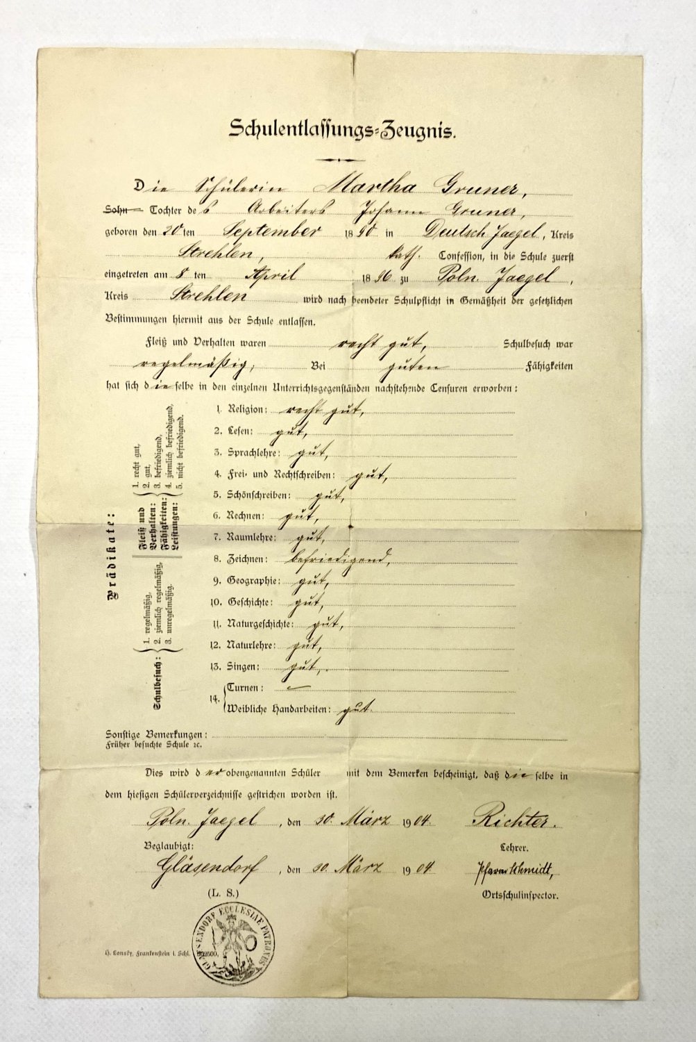 „Schulentlassungs - Zeugnis 1904 von Gläsendorf / …“ – Buch ...